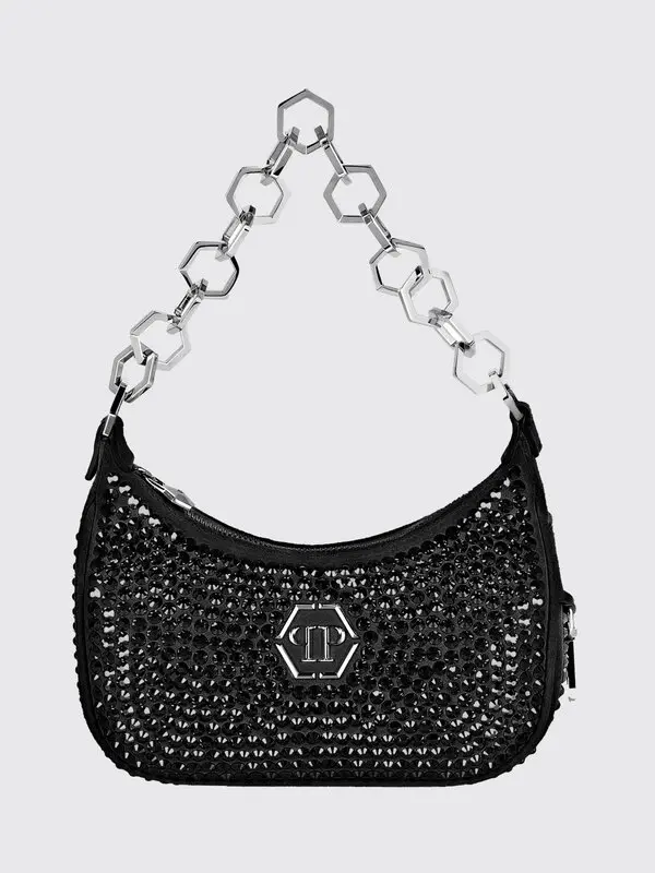 Philipp Plein Leather Bag With Rhinestones And Metallic Mesh Handle - Black