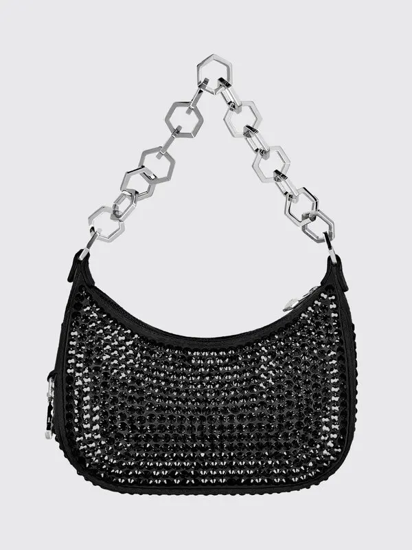 Philipp Plein Leather Bag With Rhinestones And Metallic Mesh Handle - Black