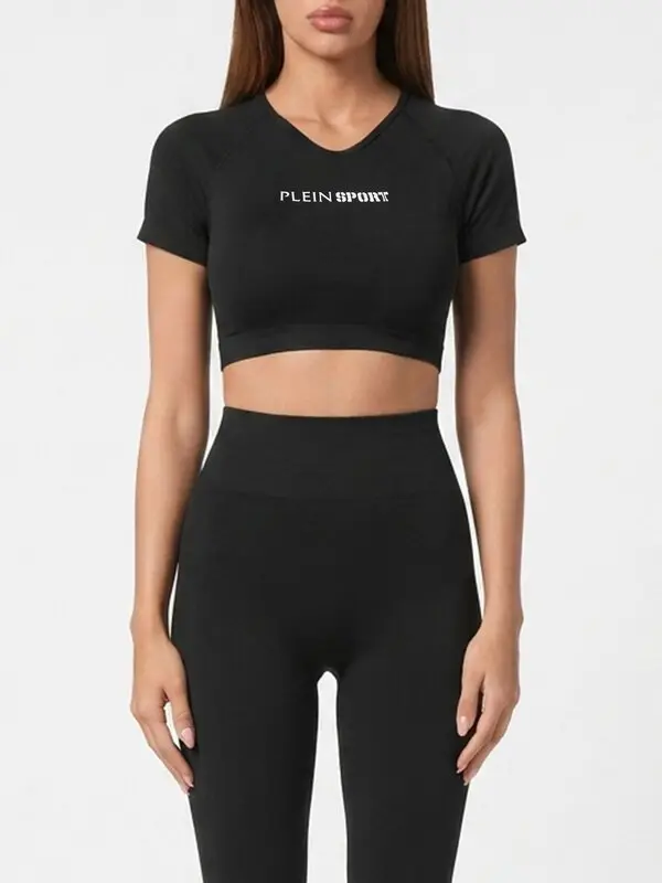 PLEIN SPORT Cropped Technical Fabric V-neck Top - Black