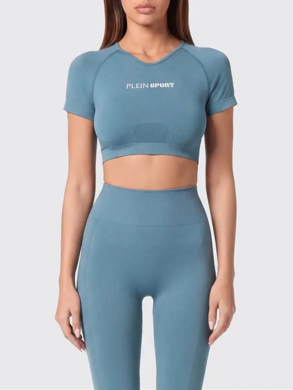 PLEIN SPORT Cropped Technical Fabric V-neck Top - Gnawed Blue