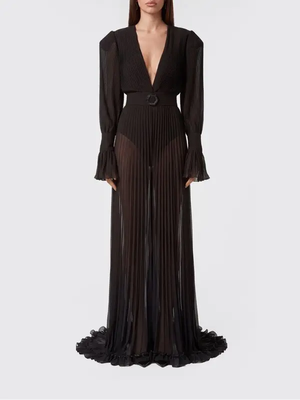 Philipp Plein Long Sleeve Plunge V-neck Crepe Maxi Dress With Belt And Slit - Black
