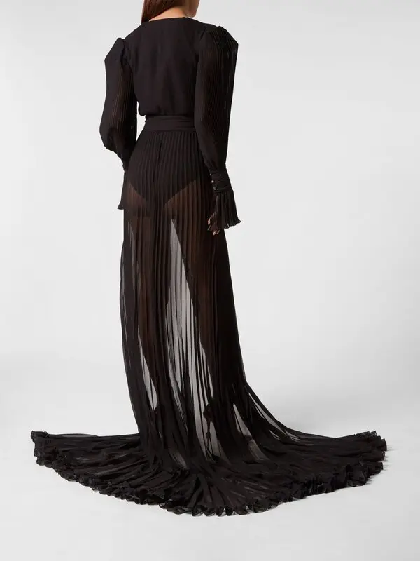 Philipp Plein Long Sleeve Plunge V-neck Crepe Maxi Dress With Belt And Slit - Black