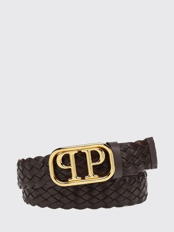 Philipp Plein Braided Leather Belt With Gold Tone Logo Buckle - Brown