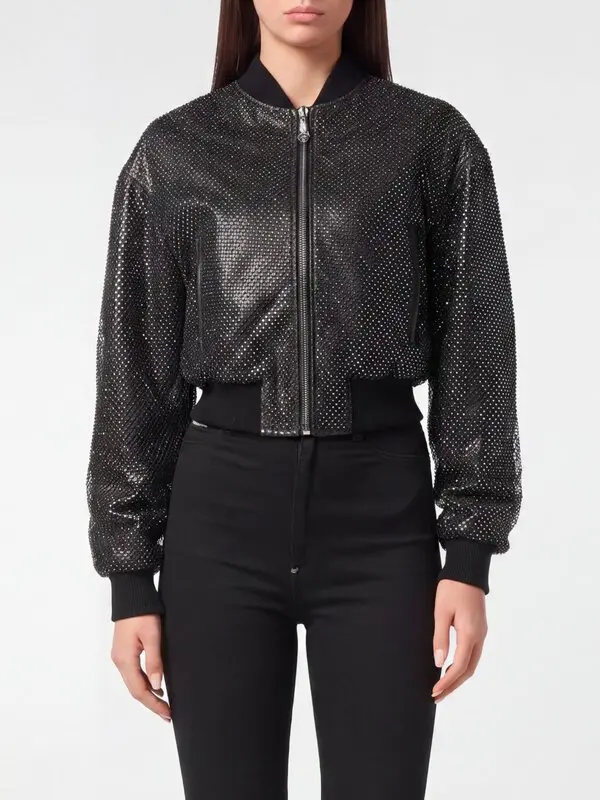 Philipp Plein All Over Crystal Nappa Crop Bomber Jacket - Black