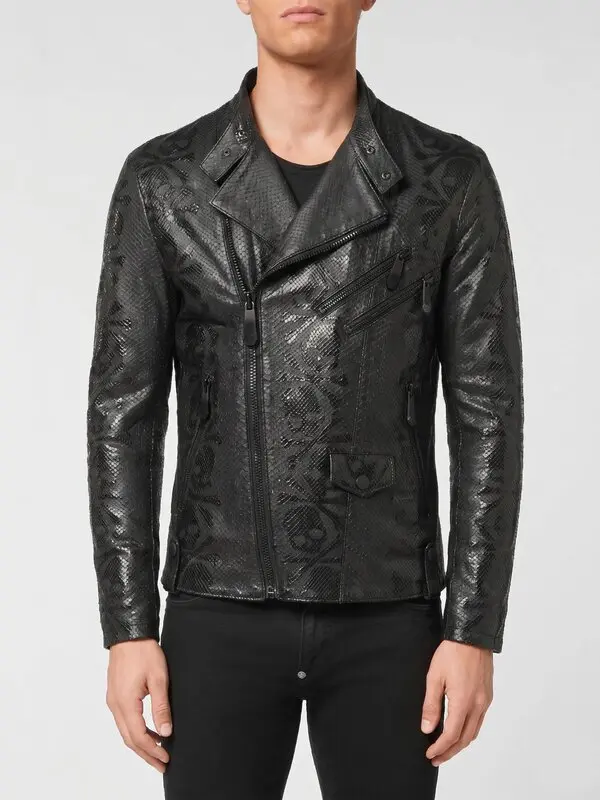 Philipp Plein Snake Print Leather Biker Jacket
