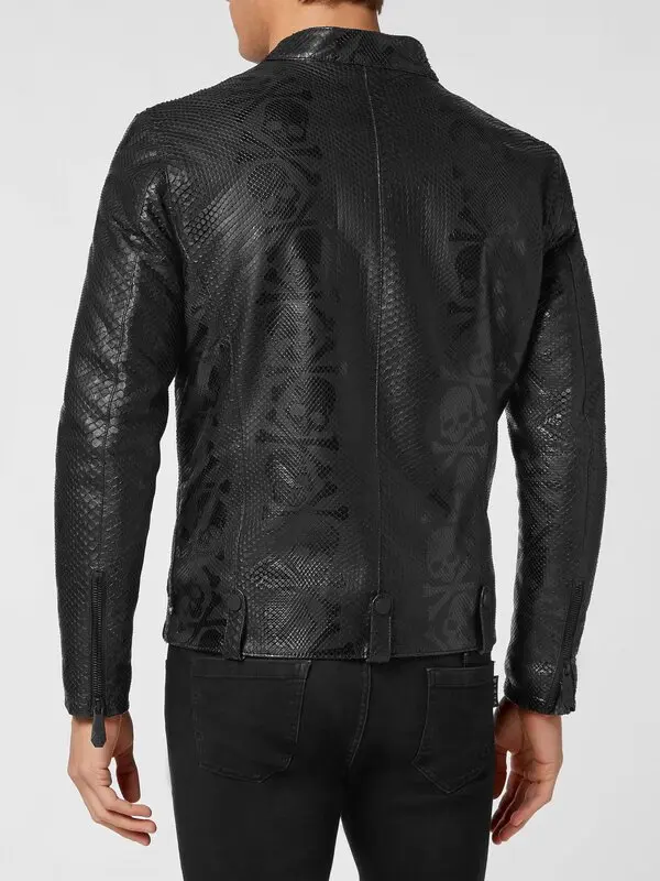 Philipp Plein Snake Print Leather Biker Jacket