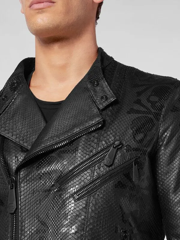 Philipp Plein Snake Print Leather Biker Jacket