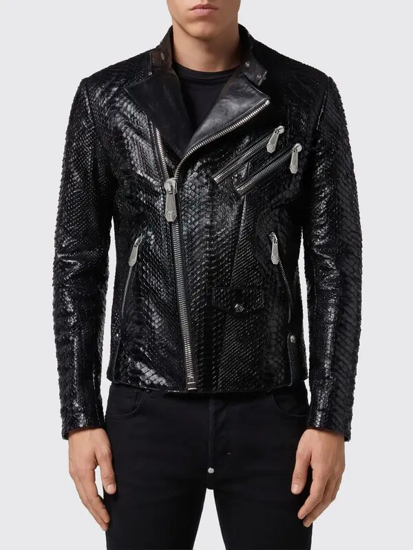 Philipp Plein Snake Print Leather Biker Jacket