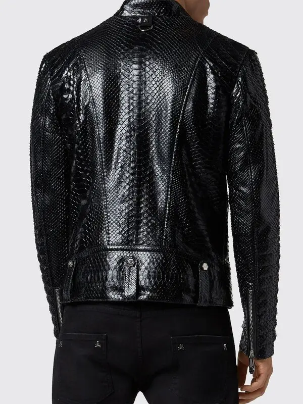Philipp Plein Snake Print Leather Biker Jacket