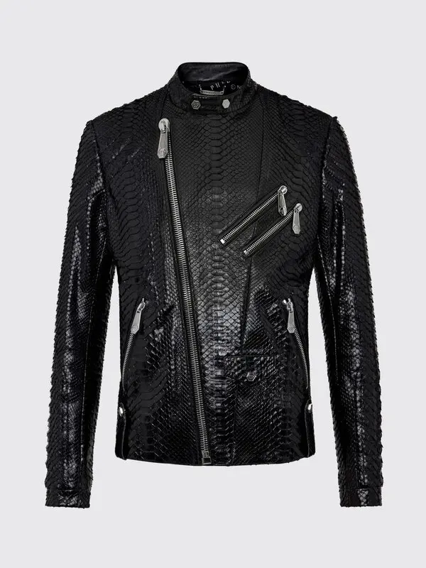 Philipp Plein Snake Print Leather Biker Jacket