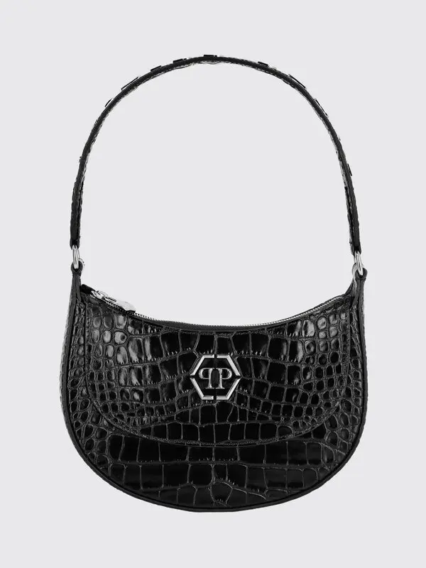 Philipp Plein Crocodile Print Leather Hobo Bag - Black