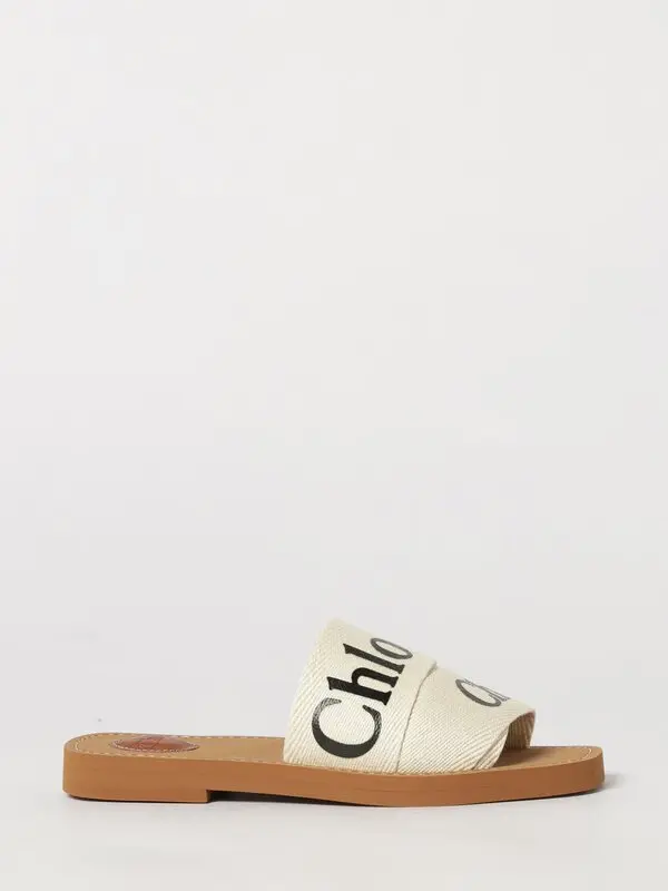 Chloé Woody Flat Slide Sandals In Canvas With Printed Logo - White