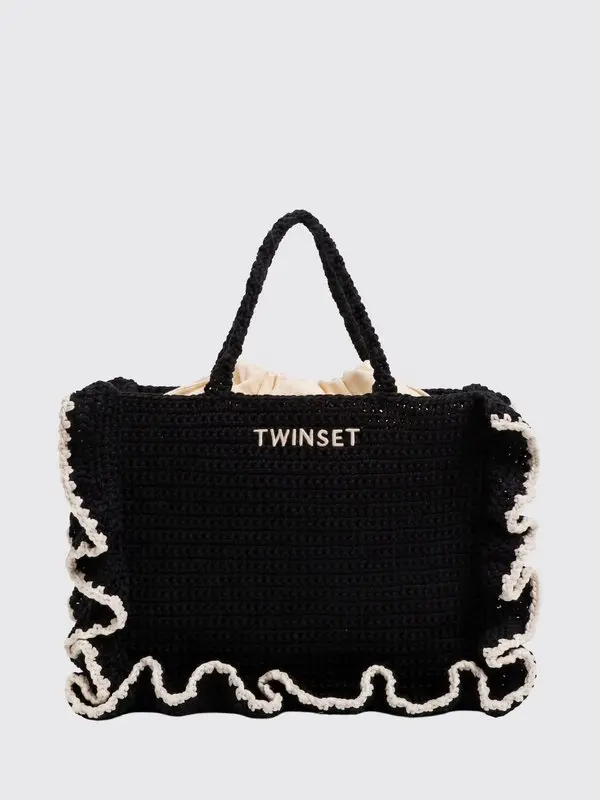 TWINSET Crochet Cotton Bag With Ruffles And Drawstring Closure - Black