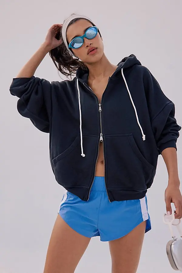 Free People Zip-up Hoodie With Drawstring Hood And Pockets - Black