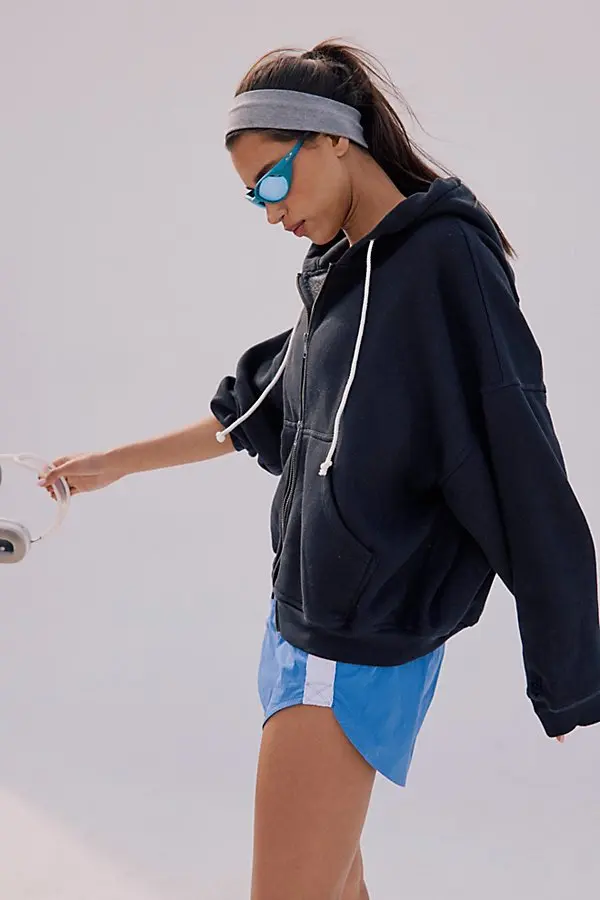 Free People Zip-up Hoodie With Drawstring Hood And Pockets - Black