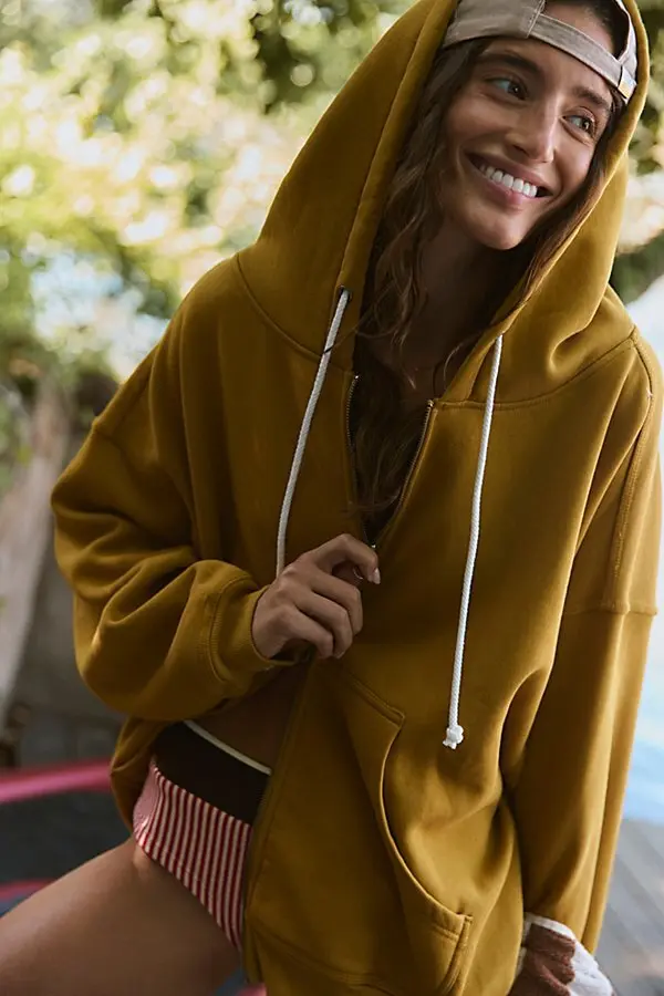Free People Full-zip Hoodie With Drawstring - Dried Palm