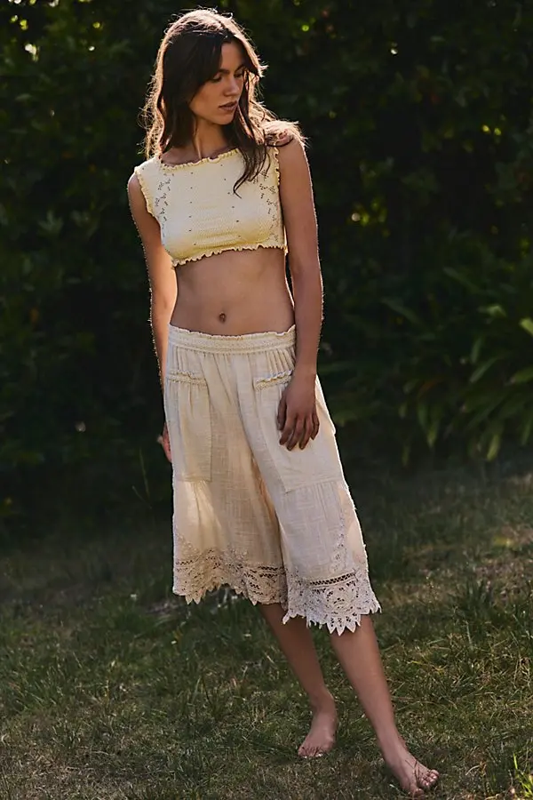 Free People Intimately Buttercup Cotton Shorts With Lace Trim - Tofu