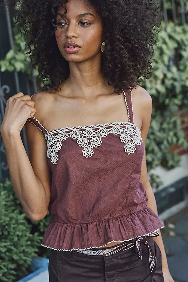 Free People Sweet Sigh Cropped Cami With Ruffle Hem - Brown Stone