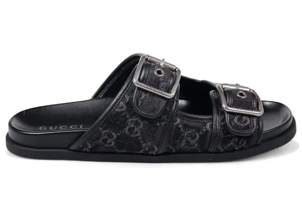 Gucci Gg Denim Slide Sandals With Buckles - Black