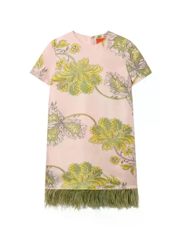 La DoubleJ Mini Swing Dress In Swathe Print Silk Twill With Feather Trim - Pink
