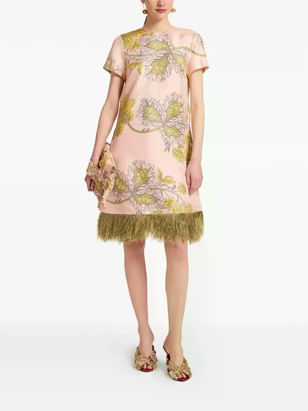 La DoubleJ Mini Swing Dress In Swathe Print Silk Twill With Feather Trim
