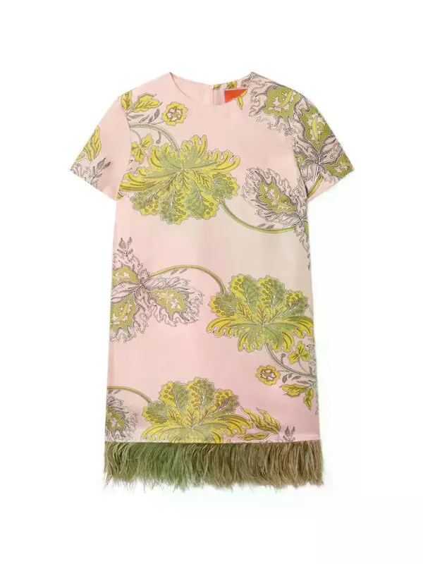 La DoubleJ Mini Swing Dress In Swathe Print Silk Twill With Feather Trim - Pink