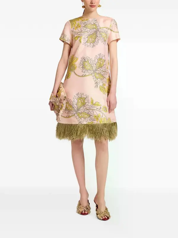 La DoubleJ Mini Swing Dress In Swathe Print Silk Twill With Feather Trim