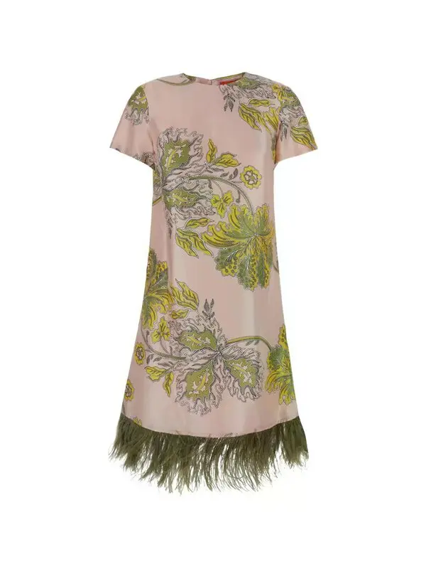 La DoubleJ Mini Swing Dress In Swathe Print Silk Twill With Feather Trim - Pink