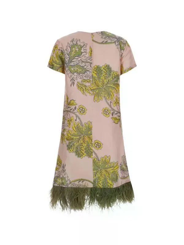 La DoubleJ Mini Swing Dress In Swathe Print Silk Twill With Feather Trim