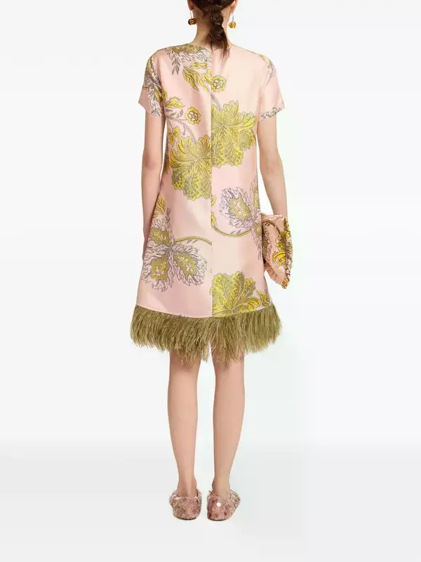 La DoubleJ Mini Swing Dress In Swathe Print Silk Twill With Feather Trim