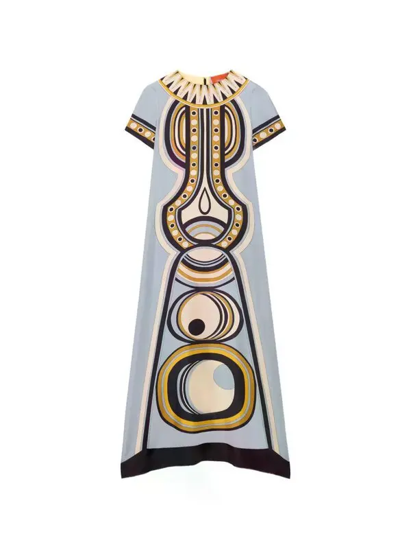 La DoubleJ Swing Dress In Silk Twill With Sanctuary Motif - Blue