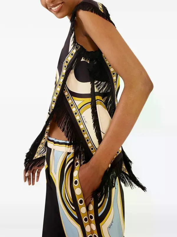 La DoubleJ Graphic Print Silk Twill Fringe Scarf Top - Black