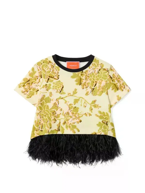 La DoubleJ La Scala Ostrich Feather Trim Cropped Jersey Top