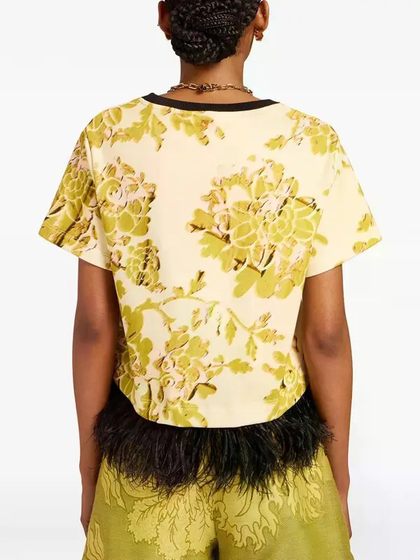 La DoubleJ La Scala Ostrich Feather Trim Cropped Jersey Top