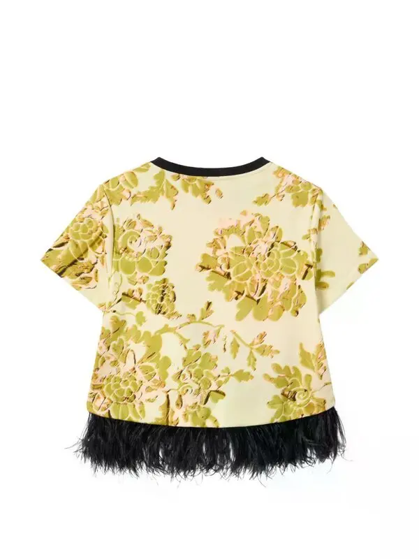 La DoubleJ La Scala Ostrich Feather Trim Cropped Jersey Top