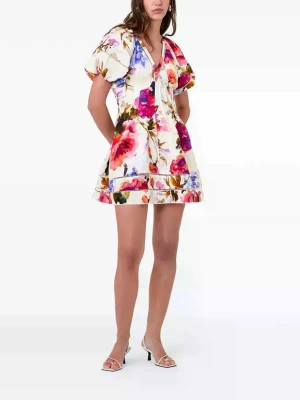 NICHOLAS Annika Ss Lattice-trim Floral-print Mini Dress - Neutrals