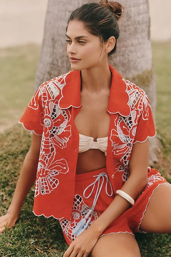 Farm Rio Embroidered Linen Buttondown Shirt - Poppy Flowers
