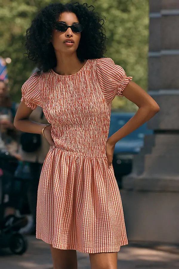 Maeve Smocked Puff-sleeve Mini Dress - Red Stripe