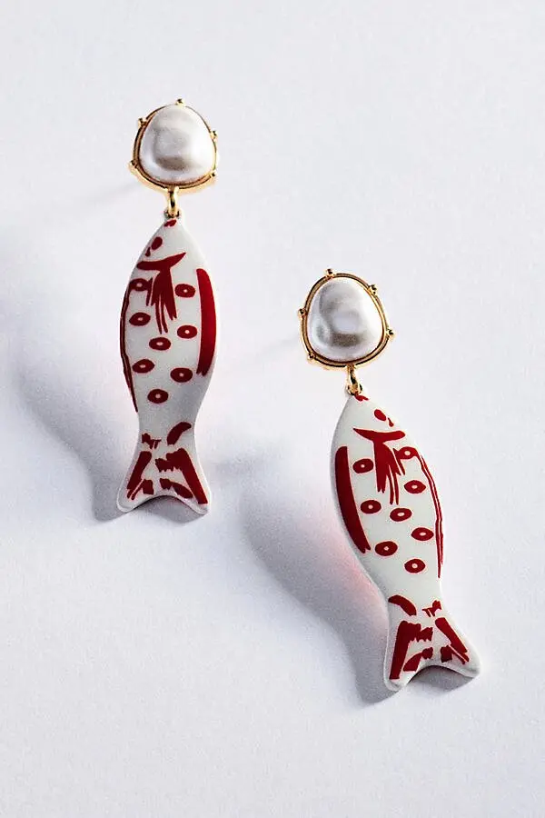Anthropologie Ceramic Fish Drop Earrings With Pearl Accent - Red