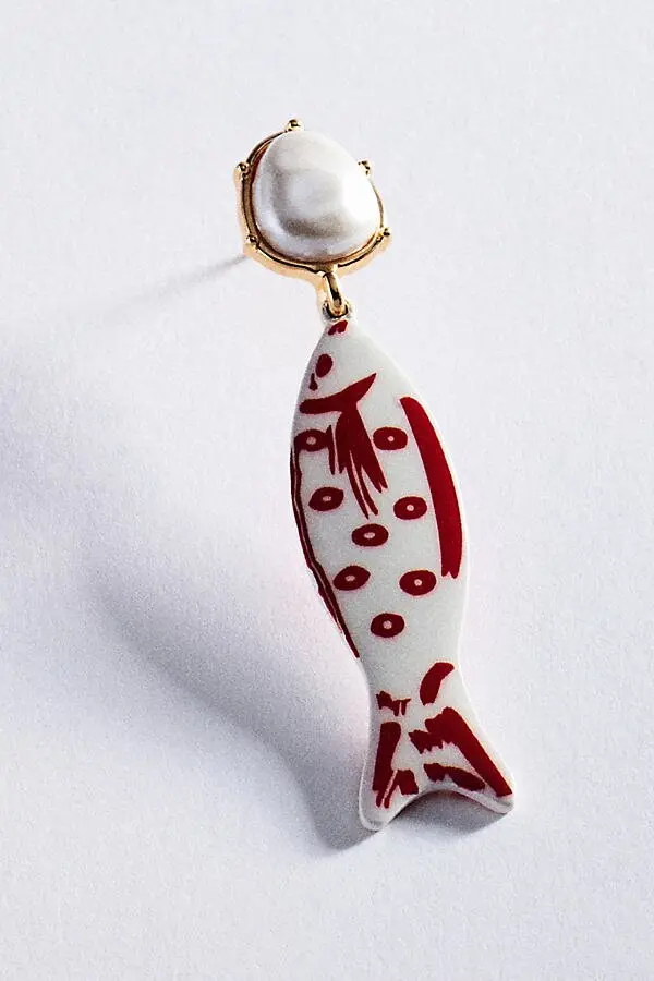 Anthropologie Ceramic Fish Drop Earrings With Pearl Accent - Red