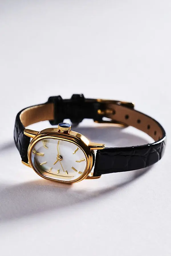 Anthropologie Leather Strap Watch - Black/mother Of Pearl
