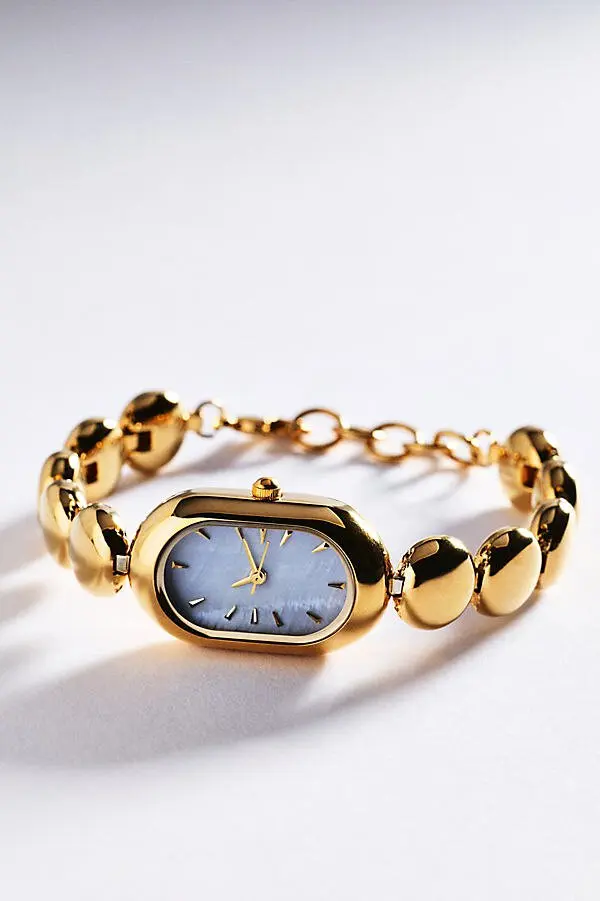 Anthropologie Oval Watch Bracelet With Gold-plated Accents - Gold/light Grey