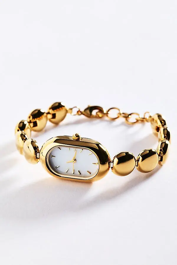Anthropologie Oval Watch Bracelet With Gold-plated Accents - Gold/mother Of Pearl