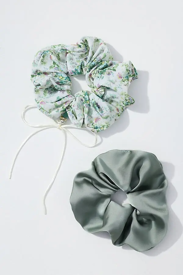 Anthropologie Floral Gem Scrunchies, Set Of 2 - Green