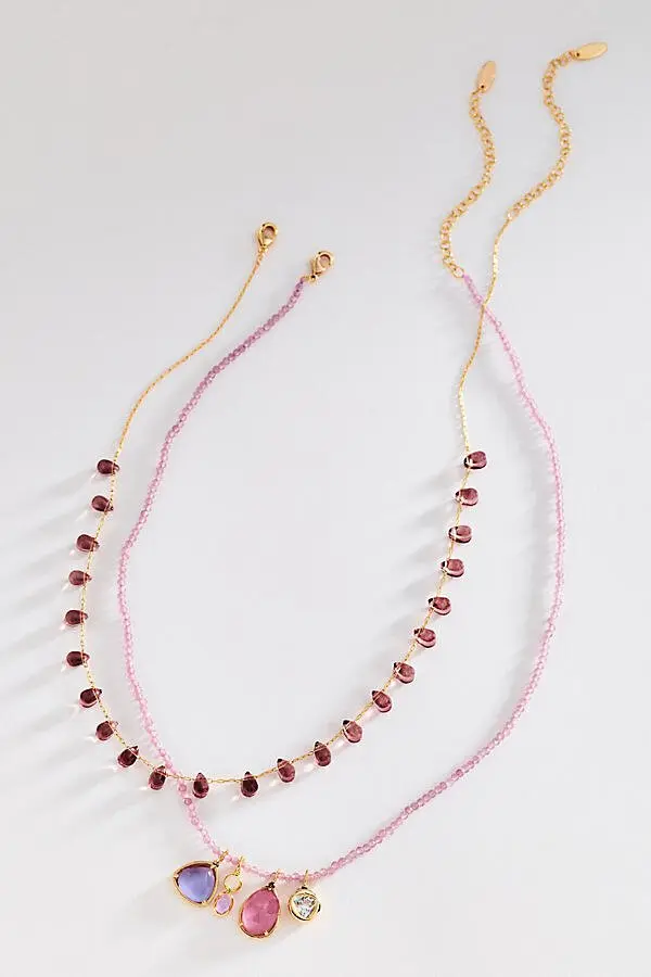 Anthropologie Layered Crystal Necklaces Set Of 2 - Lilac