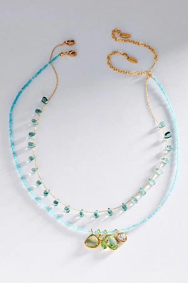 Anthropologie Layered Crystal Necklaces Set Of 2 - Sage