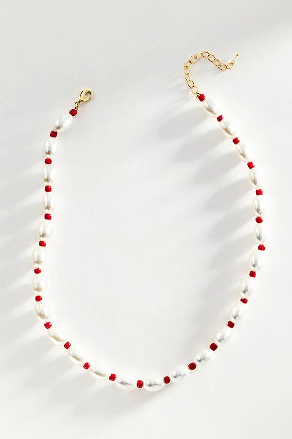 Anthropologie Pearl Color Cord Necklace - Pearl/red