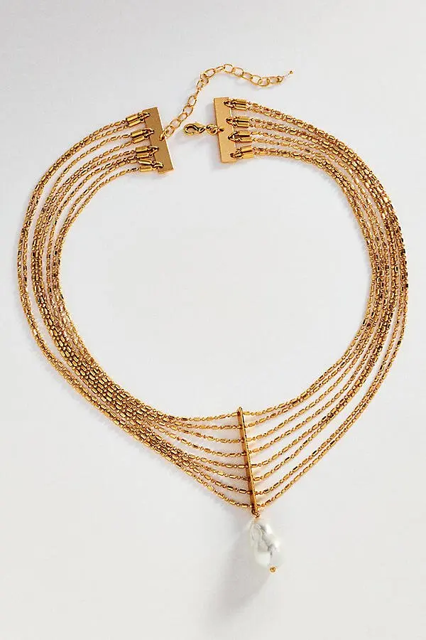Anthropologie Layered Chain Pearl Pendant Necklace - Gold
