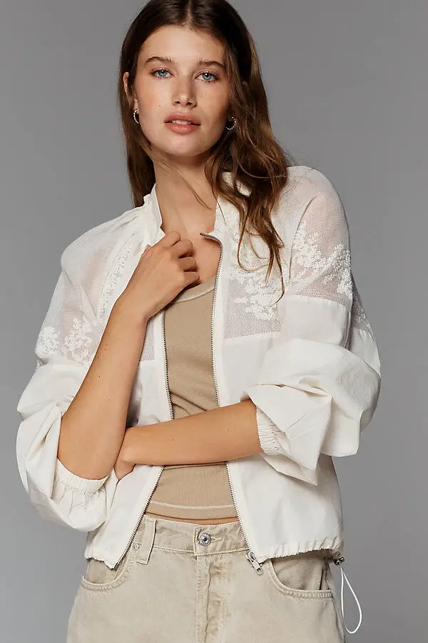 Anthropologie Cotton Embroidered Bomber Jacket - White