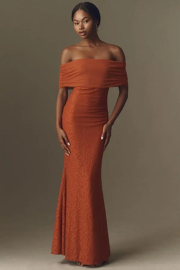 Bhldn Off-the-shoulder Lace And Mesh Maxi Dress - Picante